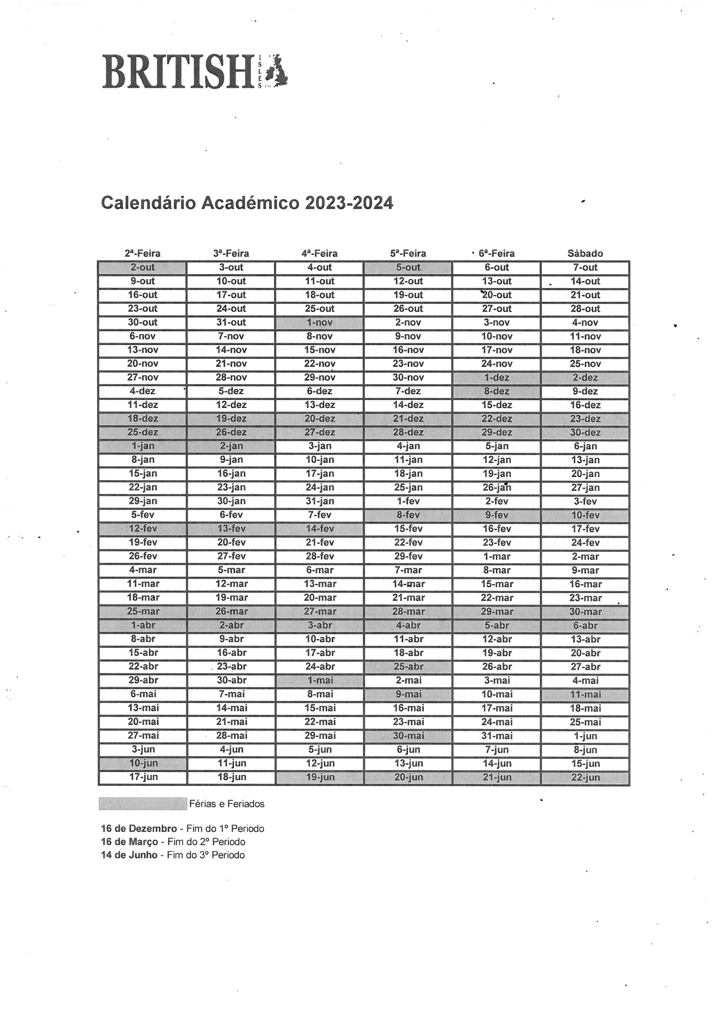 Calendário Académico - British Isles - Cursos de Inglês